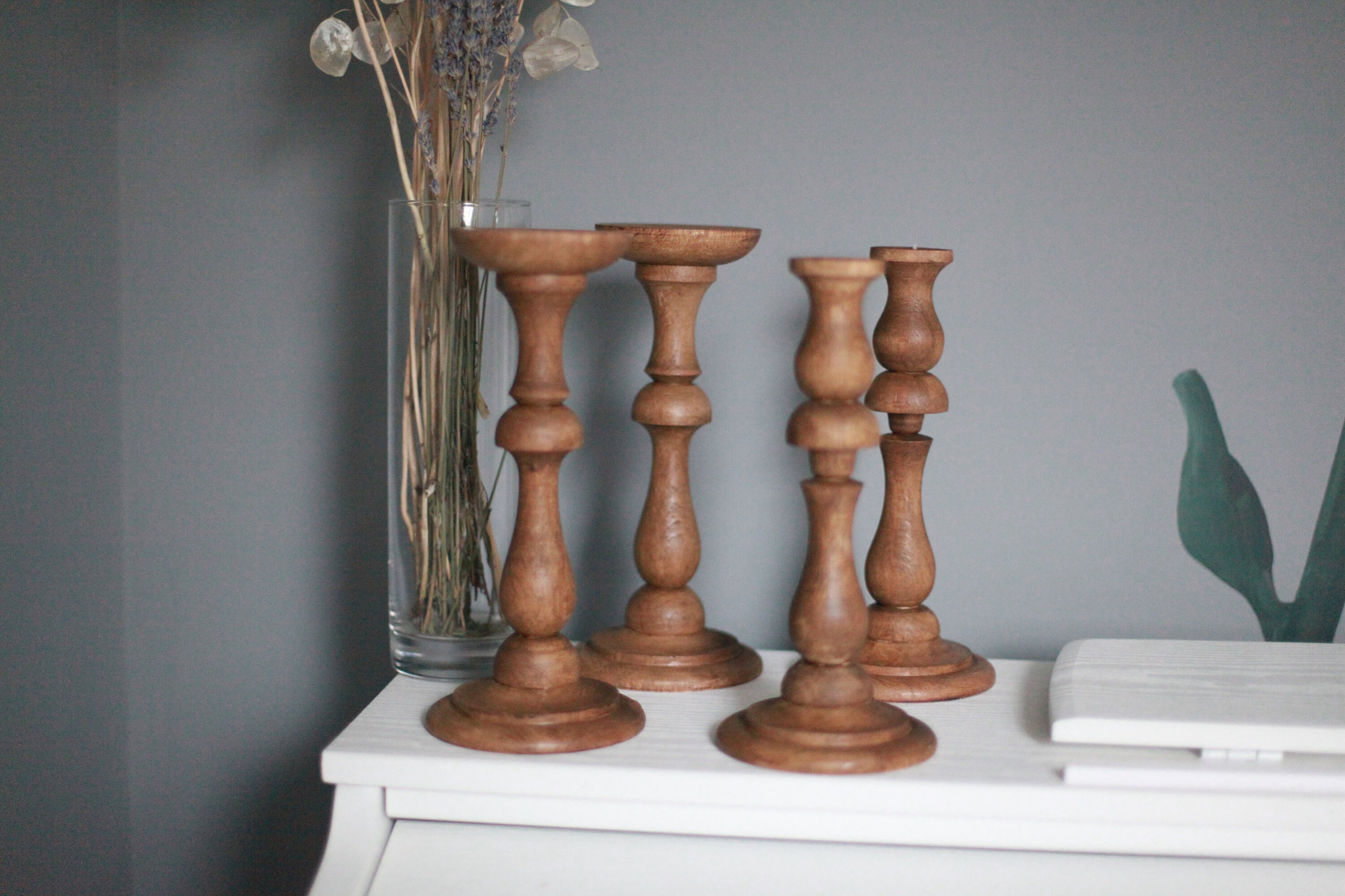 Wooden set of 4 candlesticks wood rustic decor carving wood | Etsy