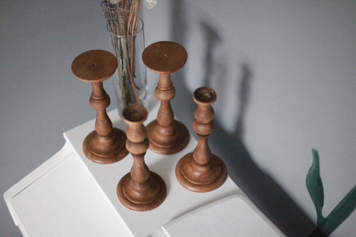 Wooden set of 4 candlesticks wood rustic decor carving wood | Etsy