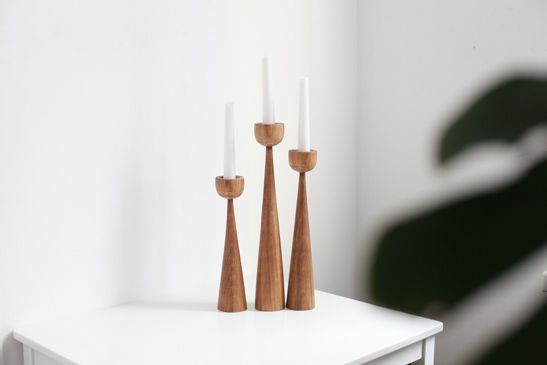Wooden Set of 3 Candlesticks Scandinavian Style Primitive Home ...