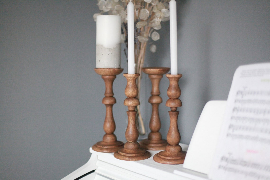 Wooden set of 4 candlesticks wood rustic decor carving wood | Etsy
