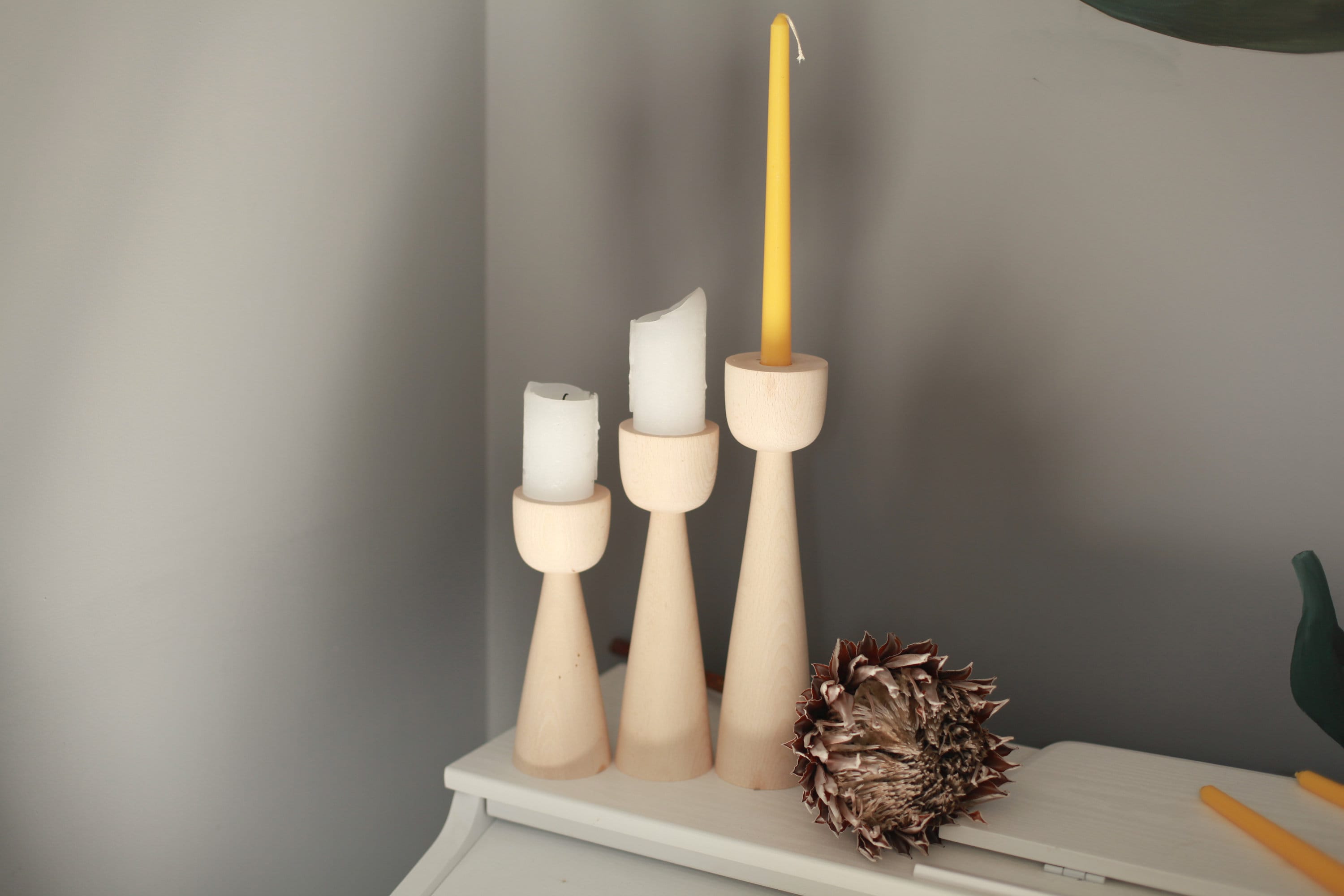 Wooden set of 3 candlesticks scandinavian style primitive | Etsy