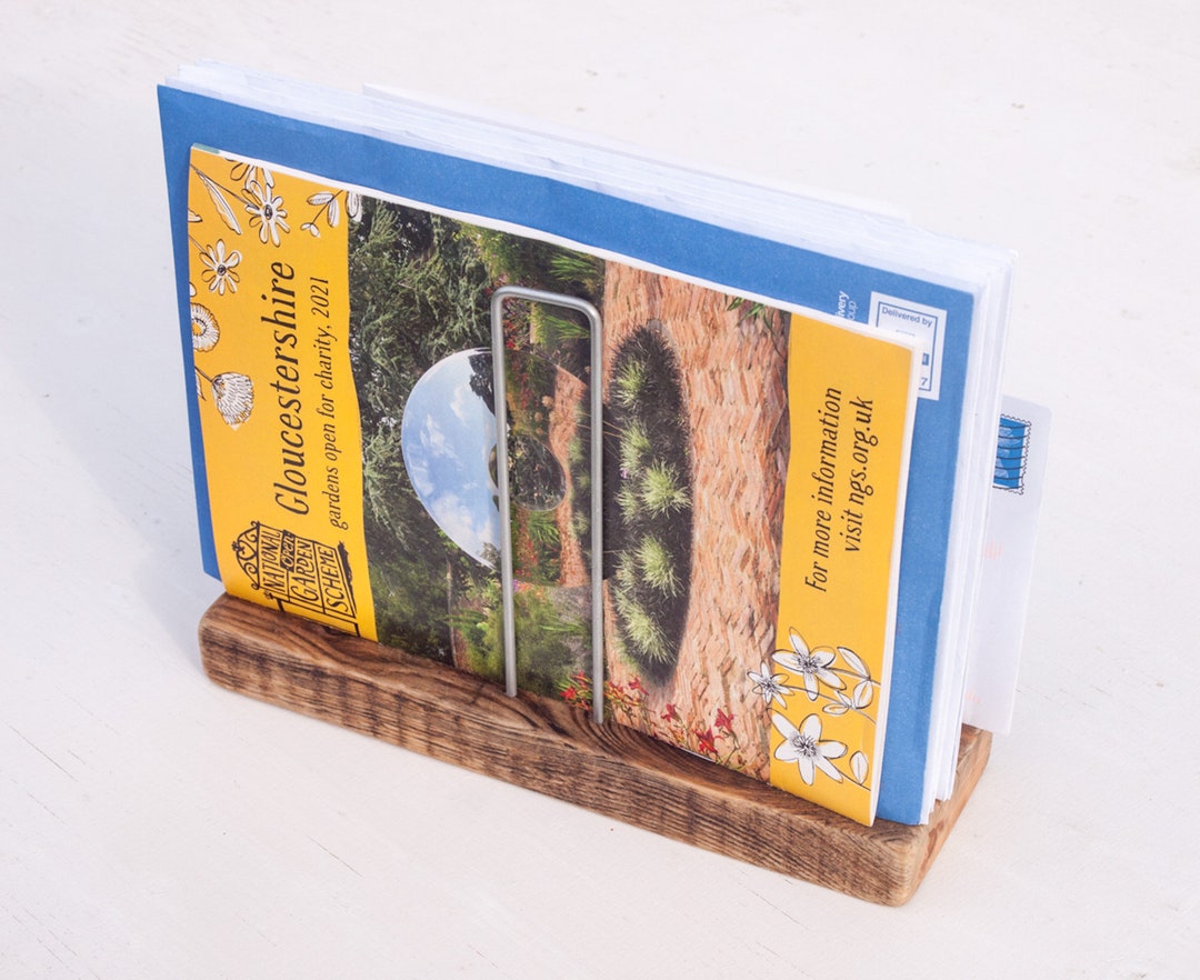 Letter Rack, Post Organiser, Envelope Stand With Rustic Wood Base for ...