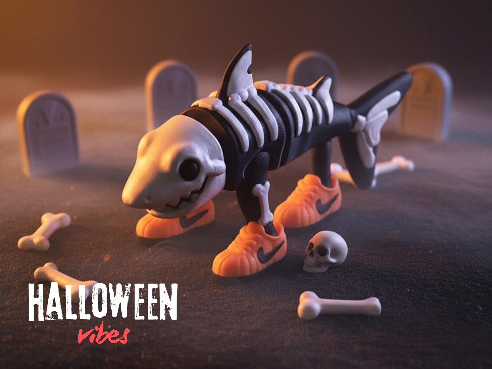 Skeleton Shark Figurine: Halloween Italian Brain Rot Collectible 3D ...