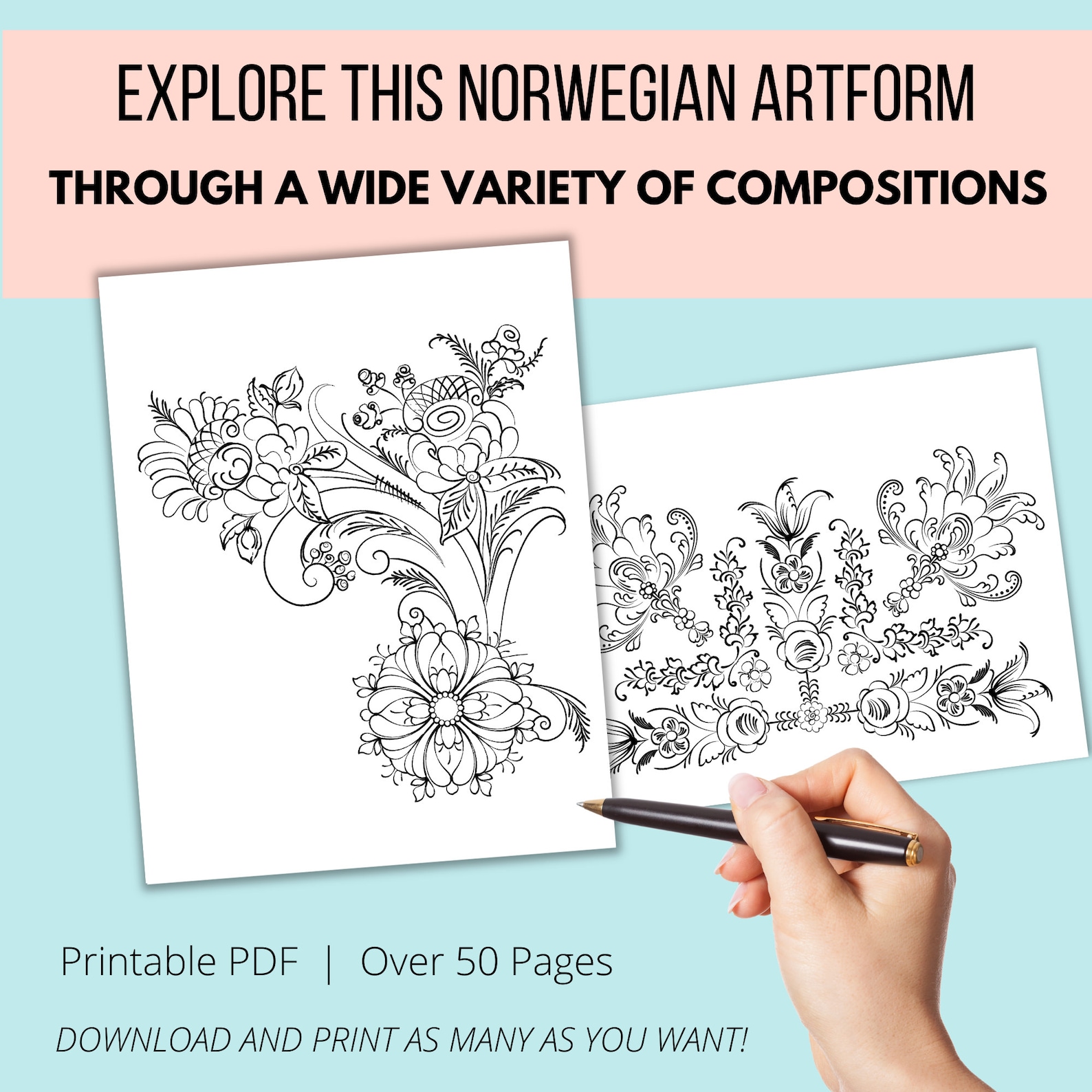 Rosemaling Coloring Book: 57 Norwegian Folk Art Patterns (digital ...