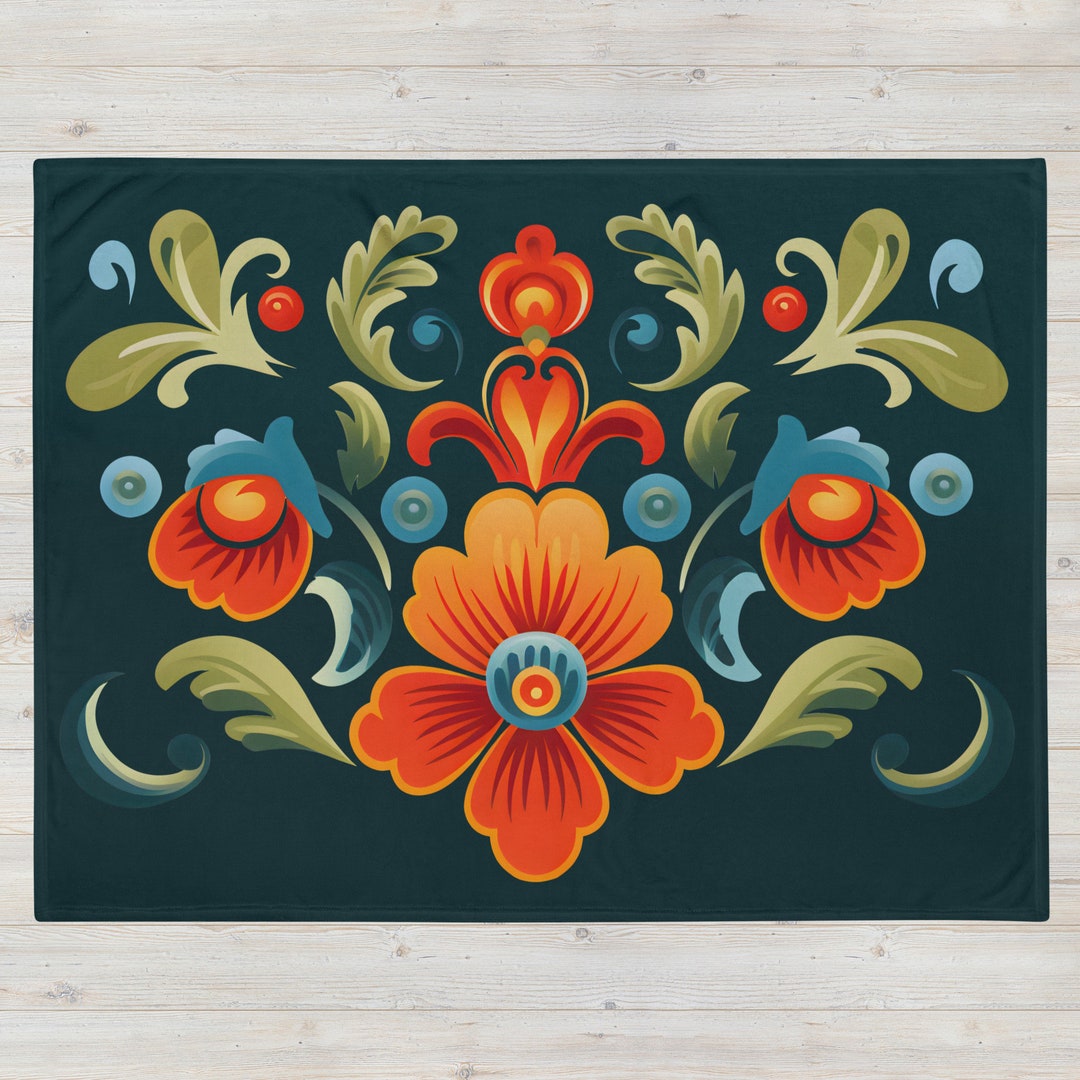 Rosemaling Scandinavian Throw Blanket Norwegian Folk Art Floral Style ...