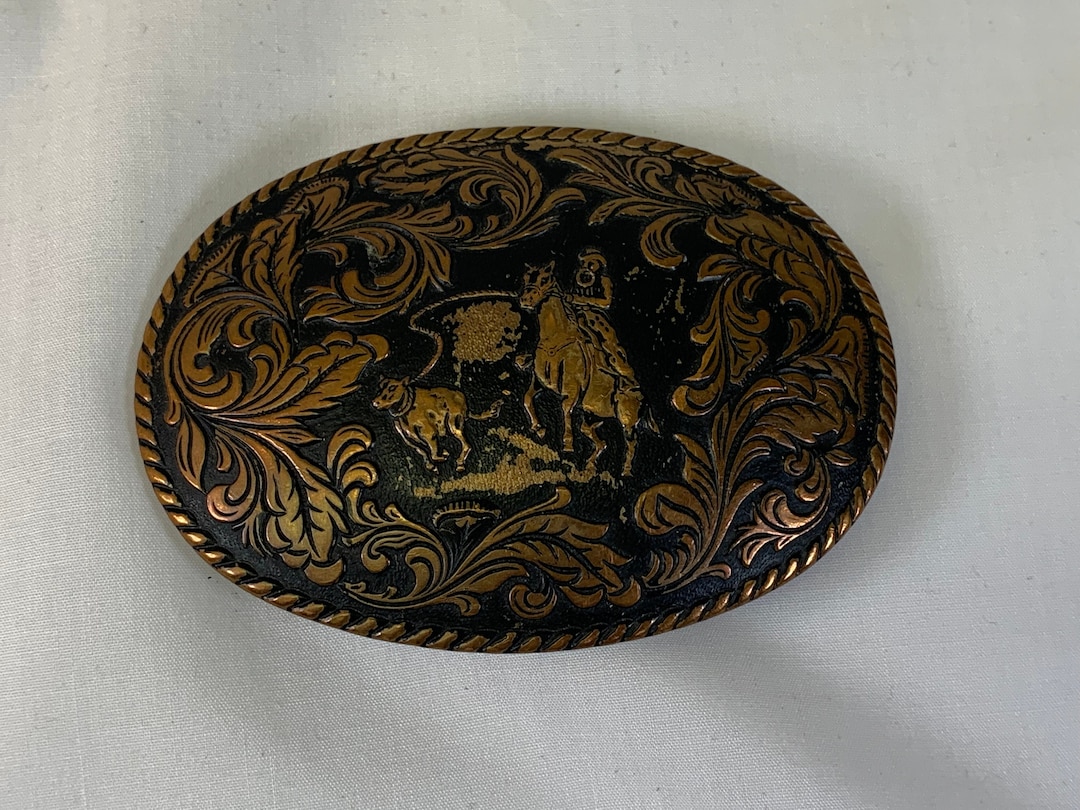 Vintage Calf Roping Western Belt Buckle, Gold, Black, Western Scene ...