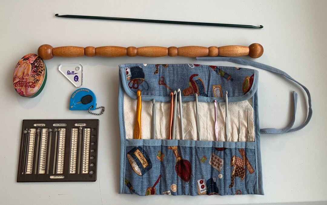 Vintage Misc Sewing and Crochet Items, Hooks, Cutting Tool, Wooden Rod ...