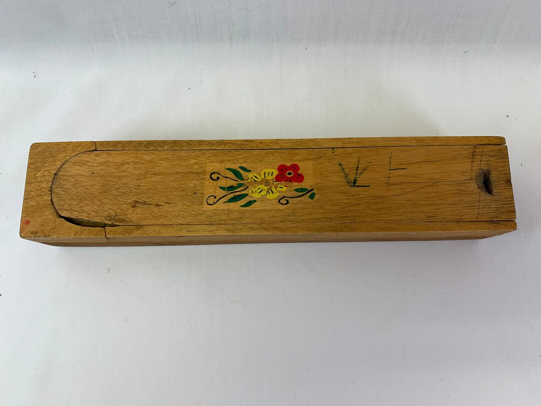 Vintage Crayon and Pencil Holder, Case, Wooden Pencil Box, Sliding Lid ...