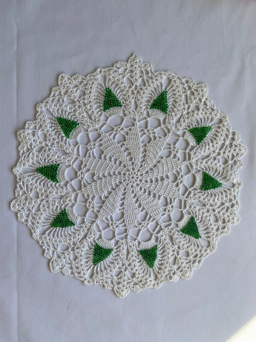 Vintage Hand Made Crocheted Doily, China Cabinet, Round, White, Green ...
