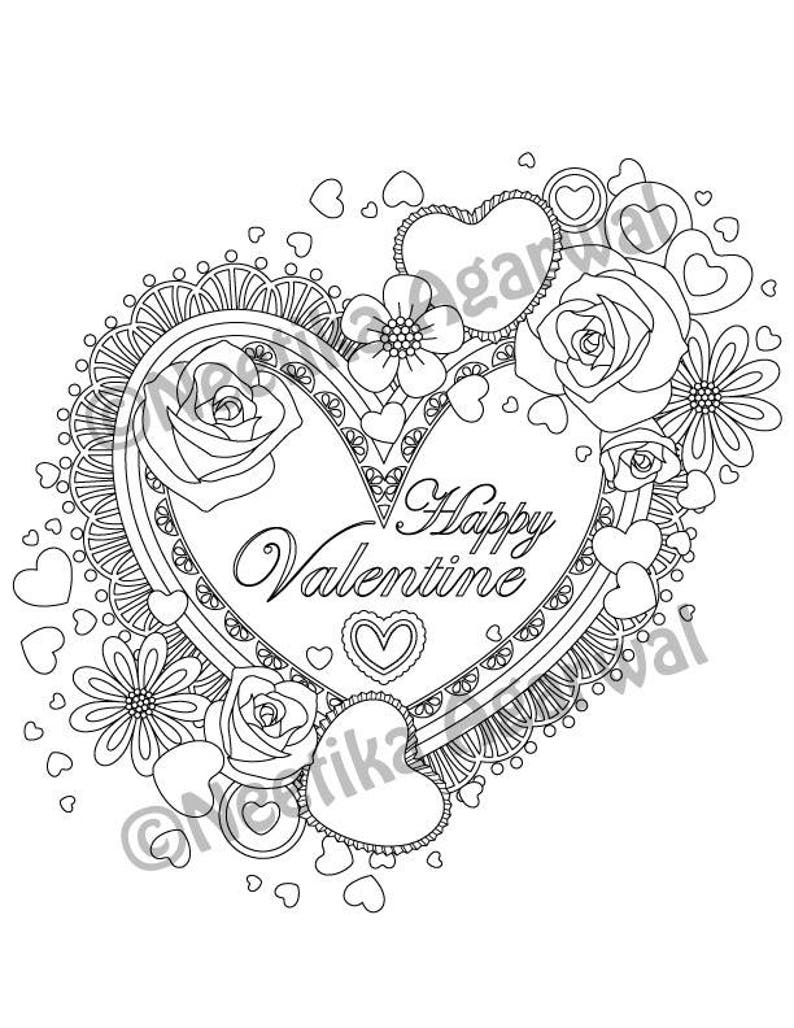 Valentine Heart Valentine Adult Coloring Page Valentine's Day Coloring ...