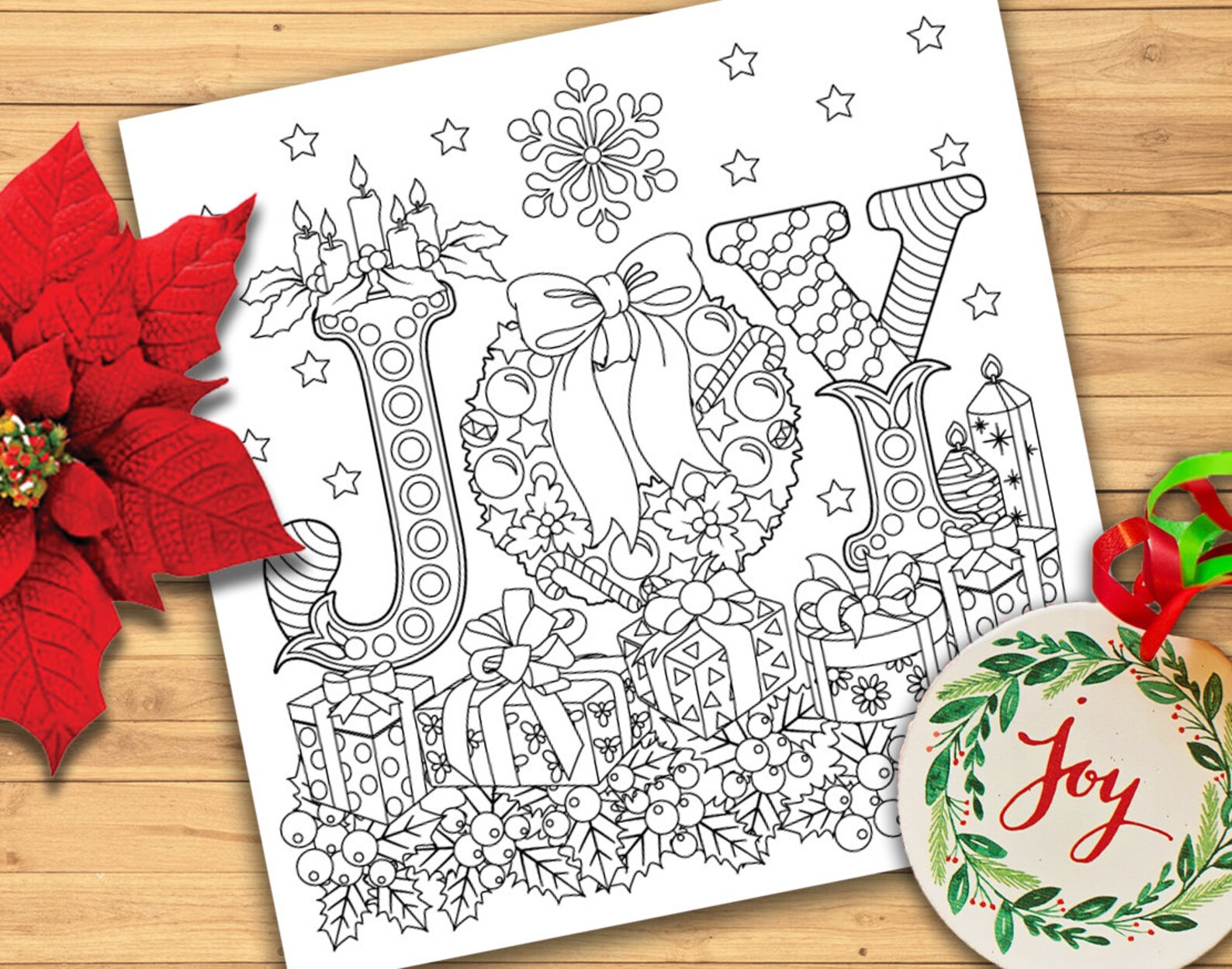 Christmas Joy Adult Coloring Page Christmas Coloring Page - Etsy