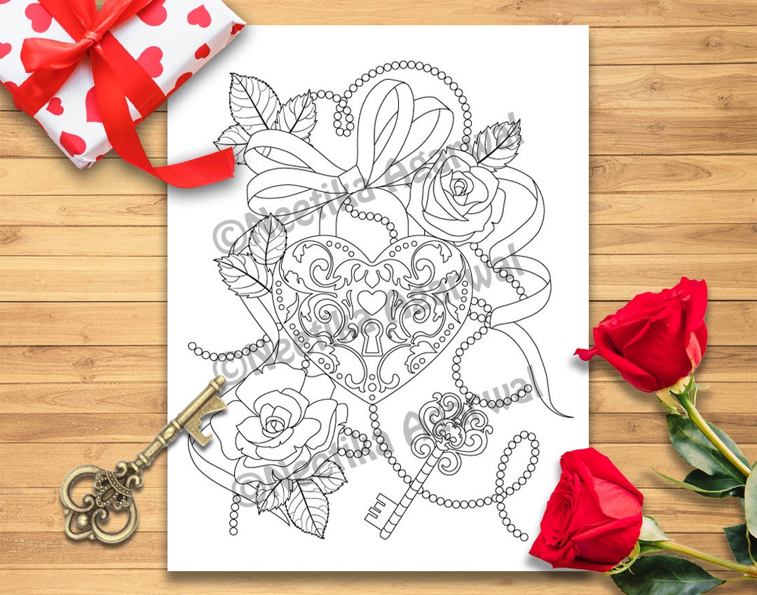 Heart Lock and Key Valentine Adult Coloring Page Valentine's Day ...