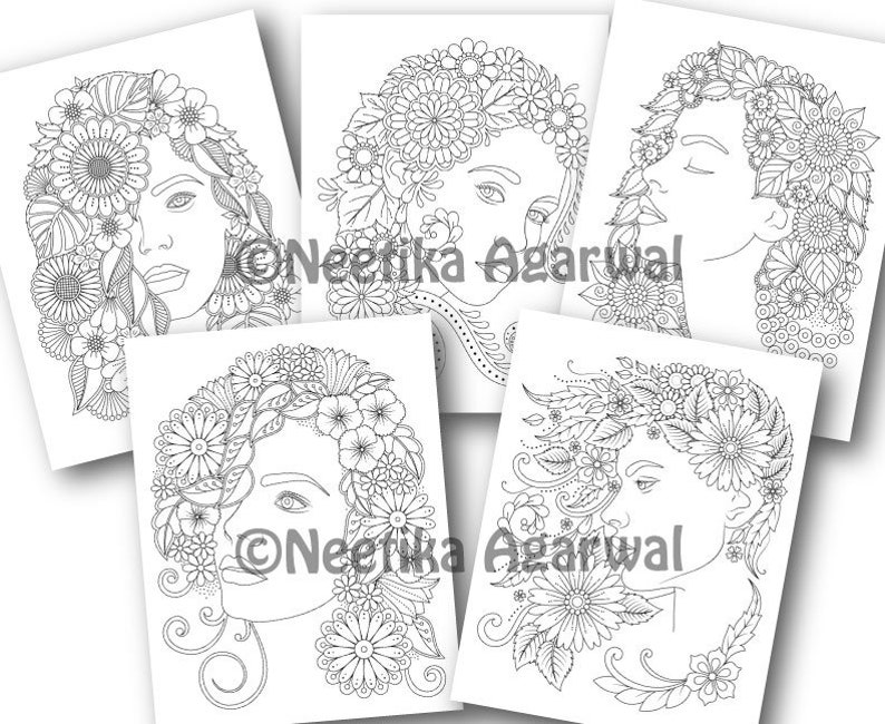 Floral Faces Adult Coloring Book Printable Coloring Book - Etsy