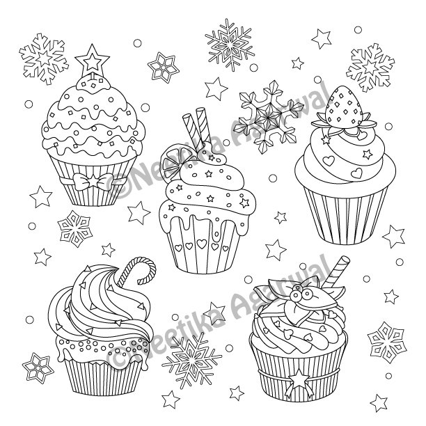 Christmas Cupcakes - Adult Coloring Page - Christmas Coloring Page ...