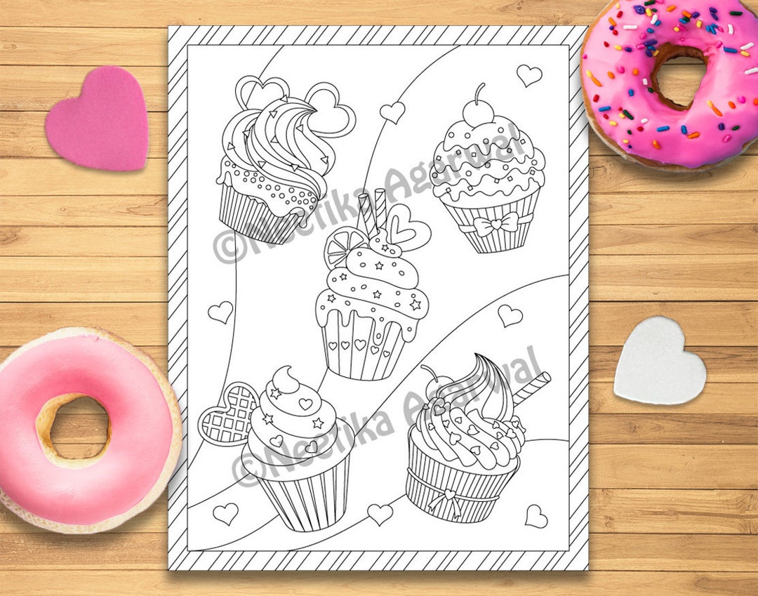 Valentine Cupcakes Valentine Adult Coloring Page Valentine's Day ...