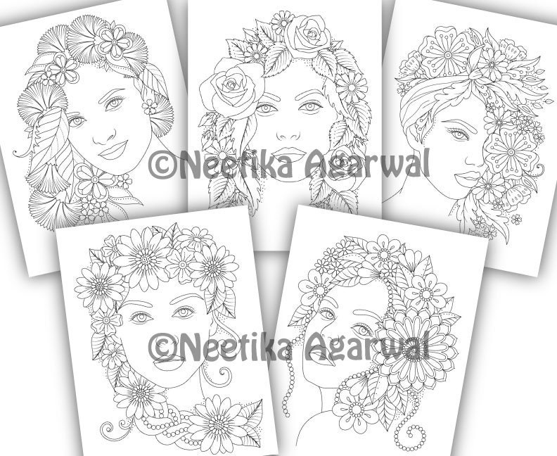 Floral Faces Adult Coloring Book Printable Coloring Book - Etsy