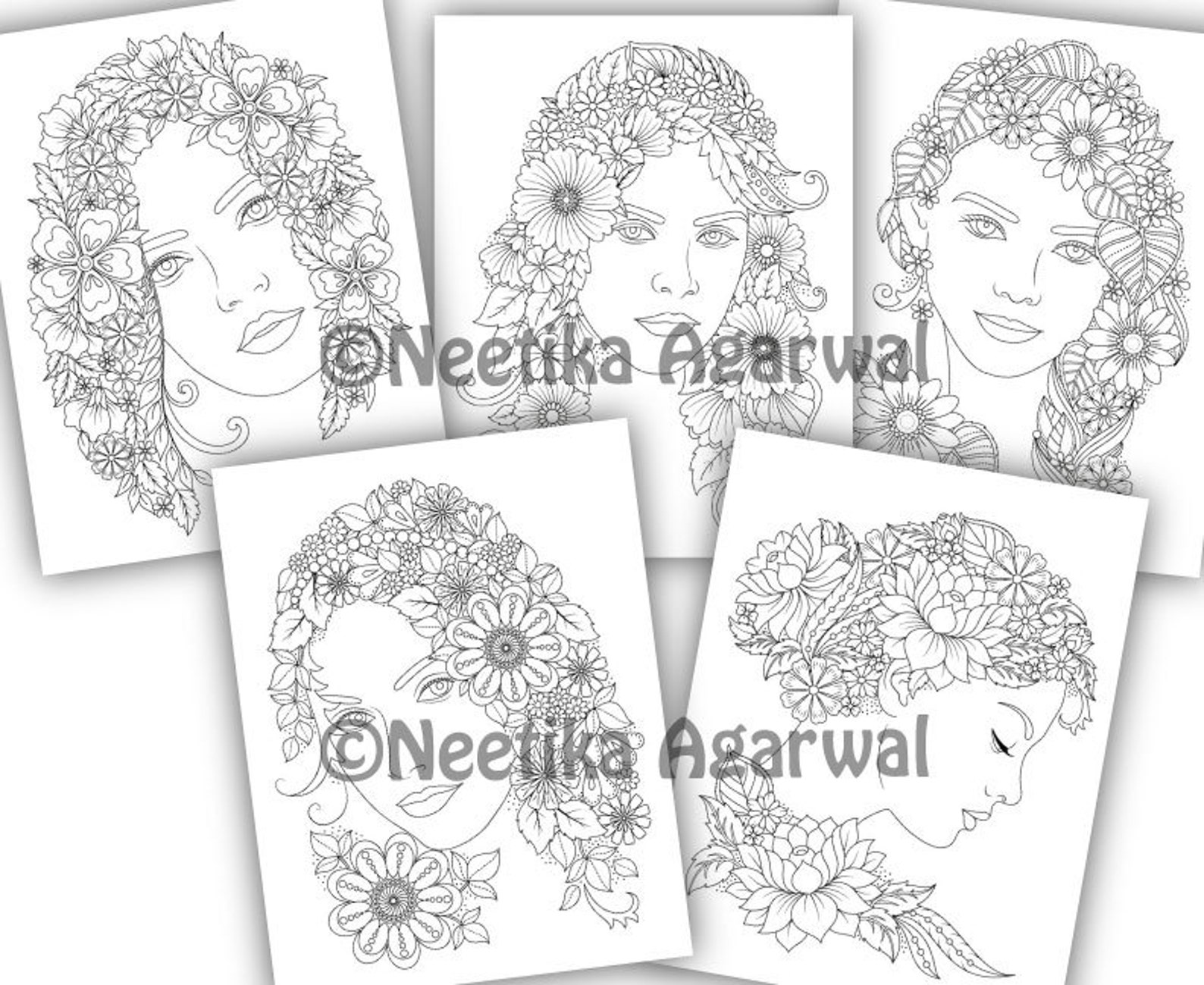 Floral Faces Adult Coloring Book Printable Coloring Book - Etsy