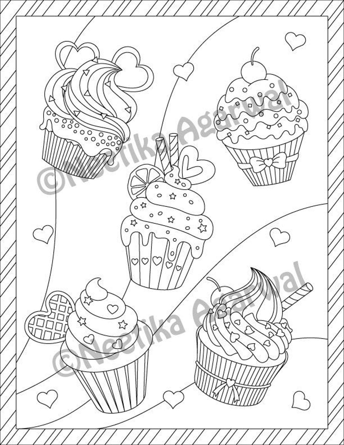 Valentine Cupcakes Valentine Adult Coloring Page Valentine's Day ...