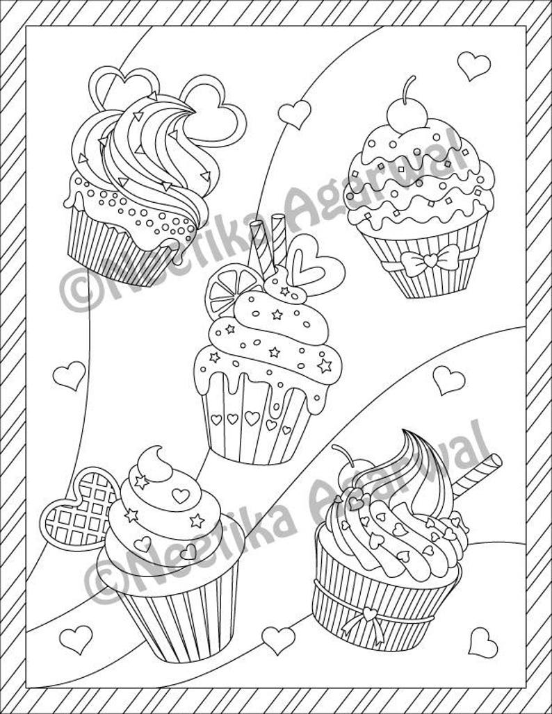 Valentine Cupcakes Valentine Adult Coloring Page Valentine's Day ...