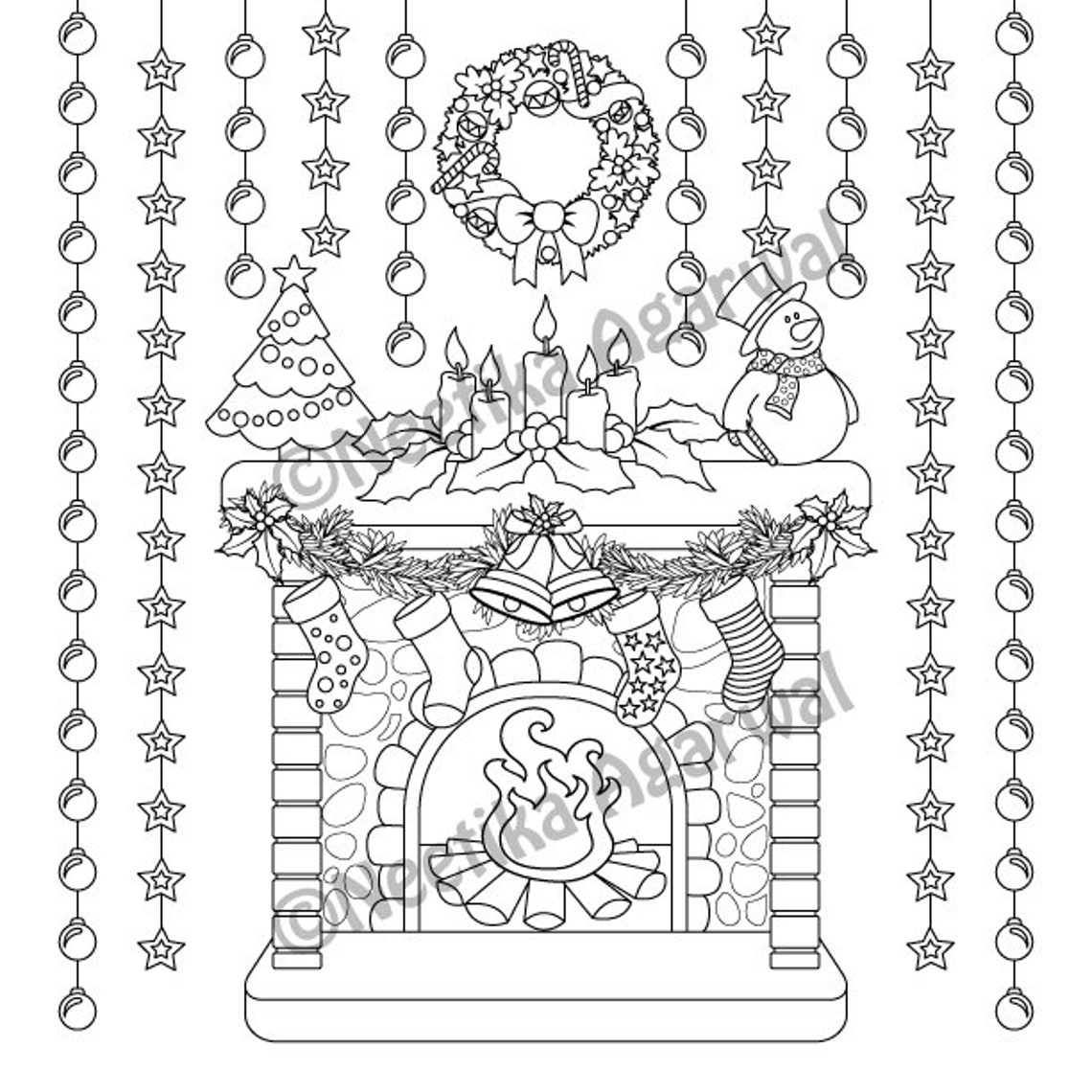 Christmas Mantel - Christmas Scene - Adult Coloring Page - Christmas ...