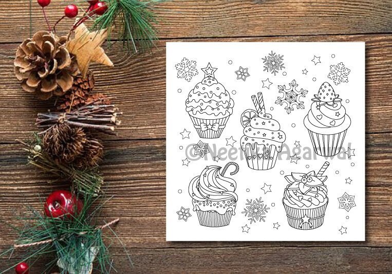 Christmas Cupcakes - Adult Coloring Page - Christmas Coloring Page ...