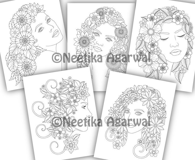 Floral Faces Adult Coloring Book Printable Coloring Book - Etsy