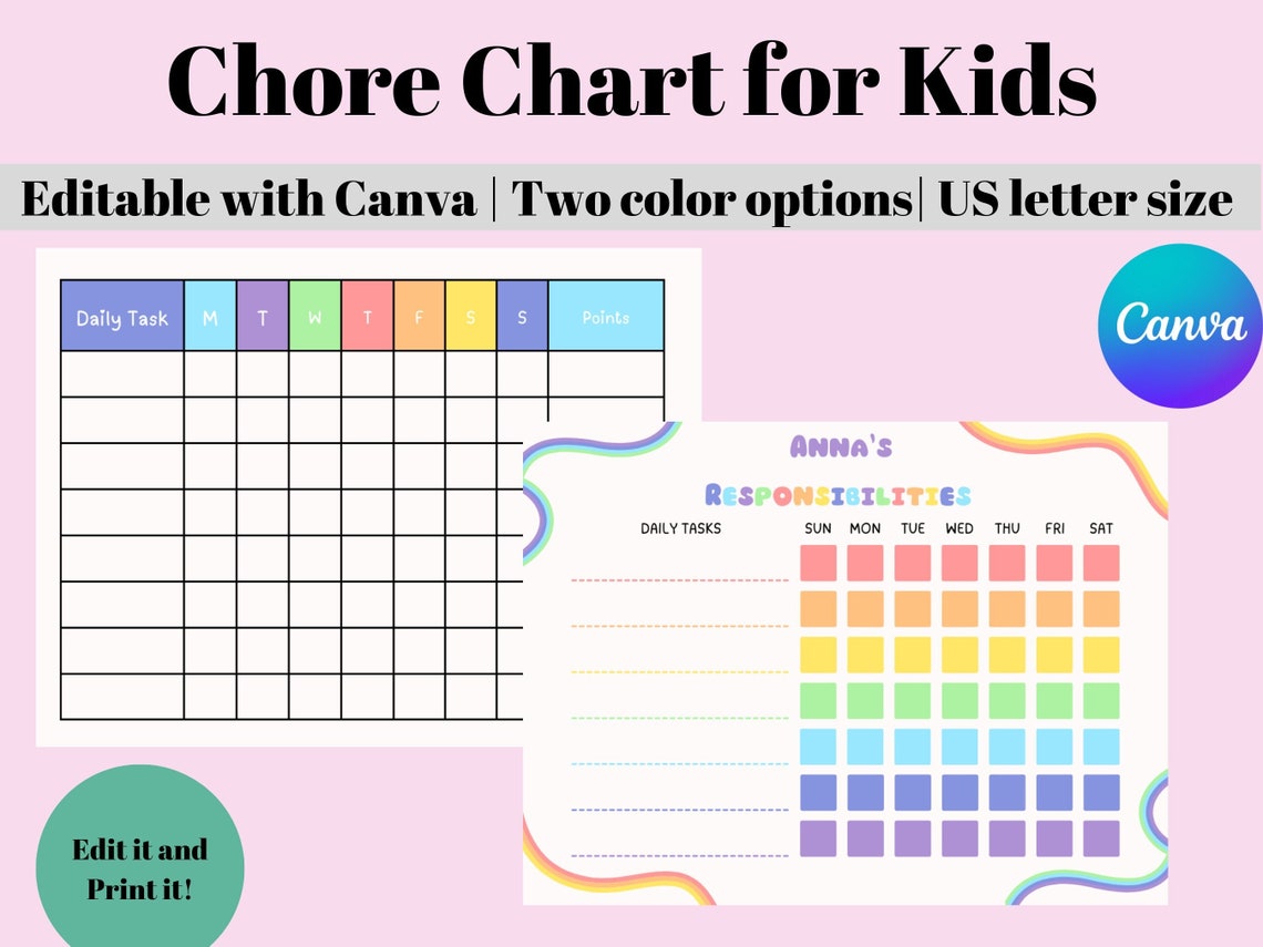 Editable Chore Chart, Kids Chore Chart, Child Chore Chart, Printable ...