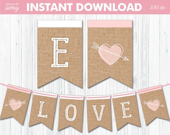 PRINTABLE Love Banner with Red Letter & Hearts Valentines | Etsy