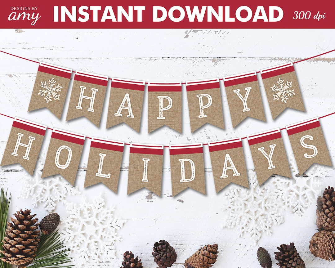 Printable Happy Holidays Banner, Burlap Christmas Banner, Rustic ...