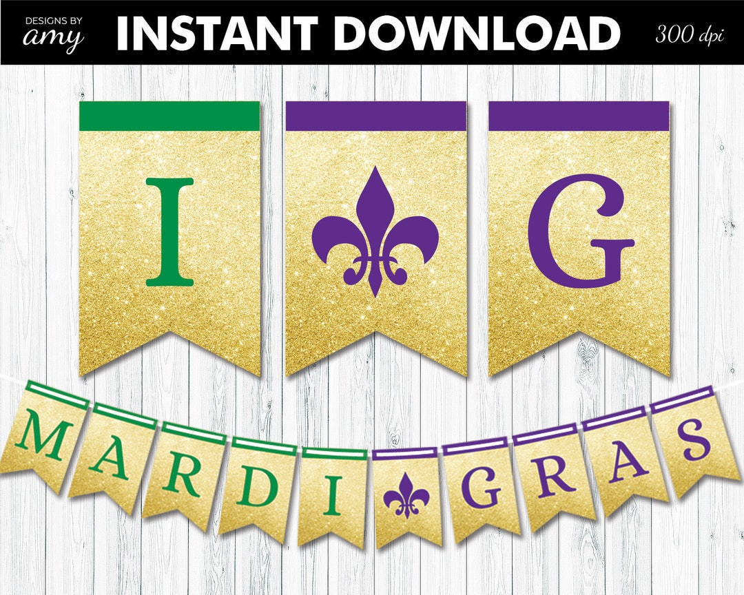 Printable Mardi Gras Banner With Gold Glitter, Mardi Gras Party Garland ...