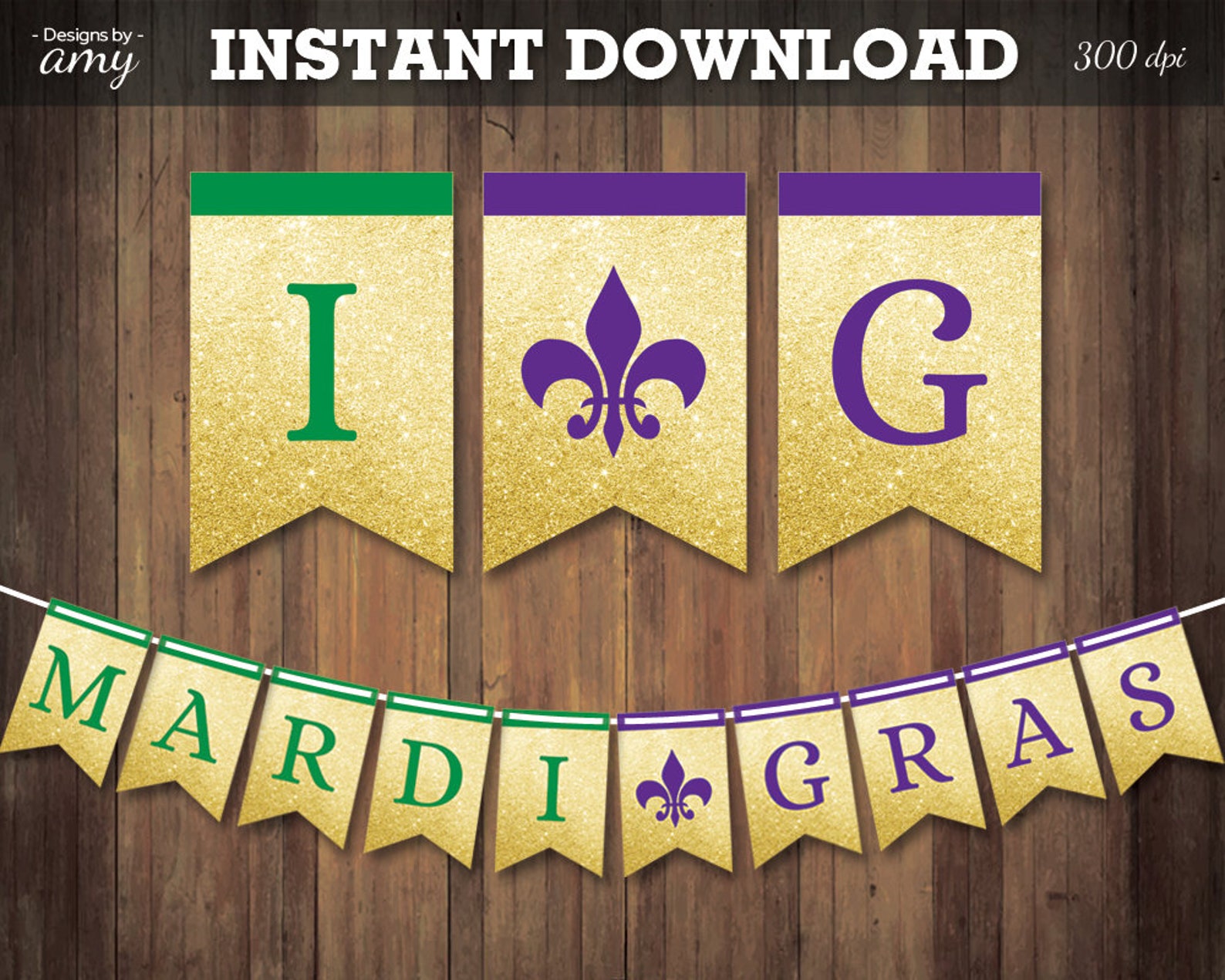Printable Mardi Gras Banner With Gold Glitter, Mardi Gras Party Garland ...