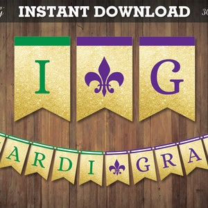 Printable Mardi Gras Banner With Gold Glitter, Mardi Gras Party Garland ...
