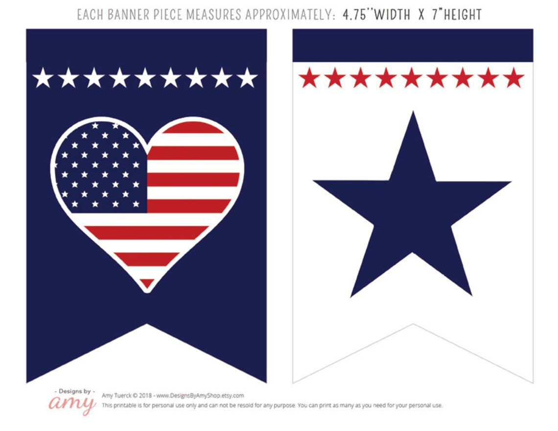 Printable Happy 4th of July Banner With Star & American Heart | Etsy