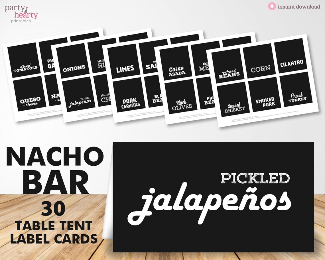 Printable Nacho Bar Food Labels Table Tent Cards for Mens Birthday ...
