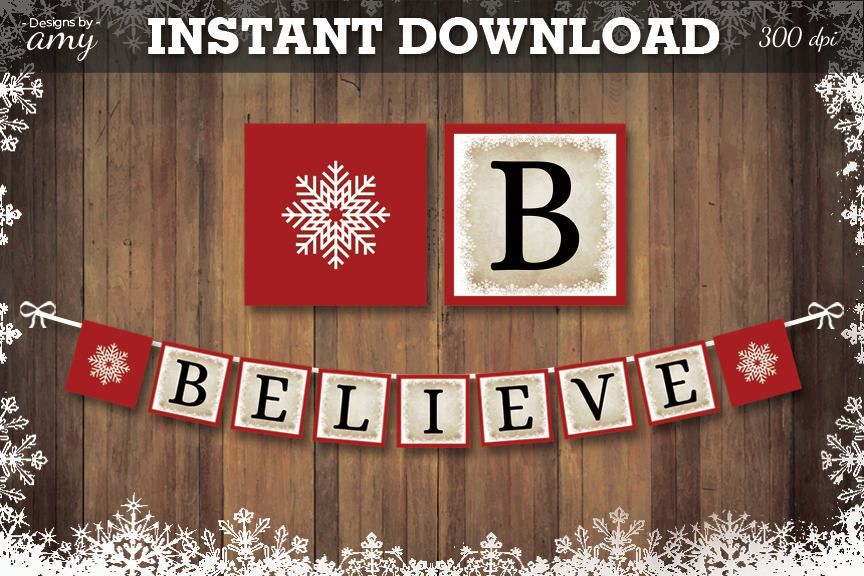 Printable Believe Christmas Banner, Red & Beige Christmas, Christmas ...