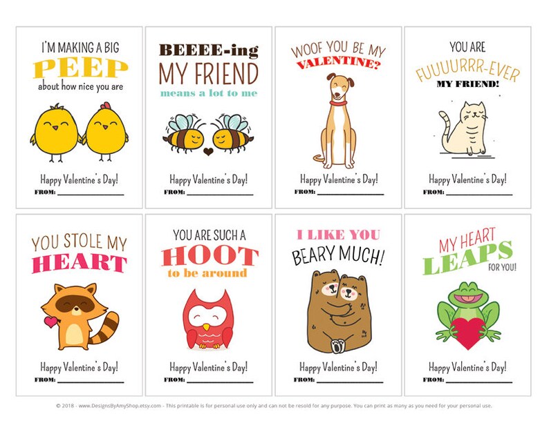 8 PRINTABLE Valentine's Day Cards for Children Classroom | Etsy