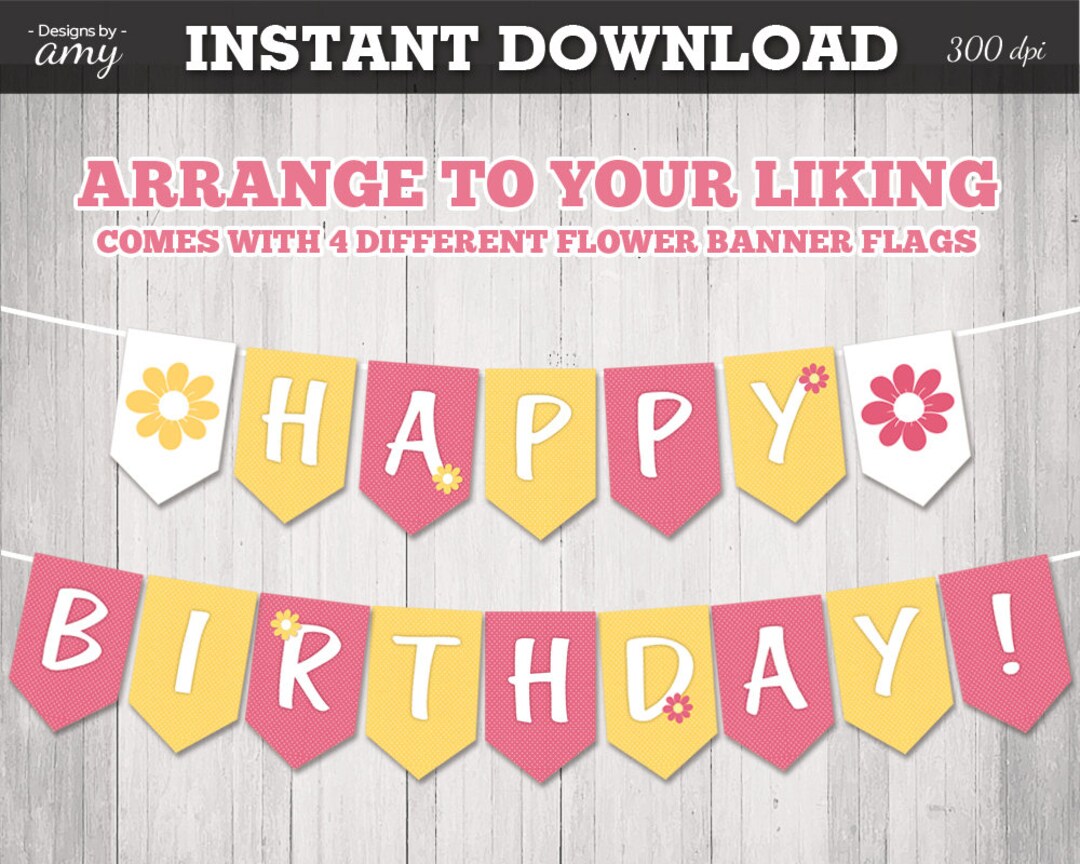 Happy Birthday Printable Banner, Pink & Yellow Birthday Banner, Spring ...