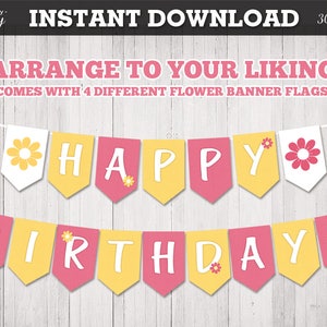 Happy Birthday Printable Banner, Pink & Yellow Birthday Banner, Spring ...