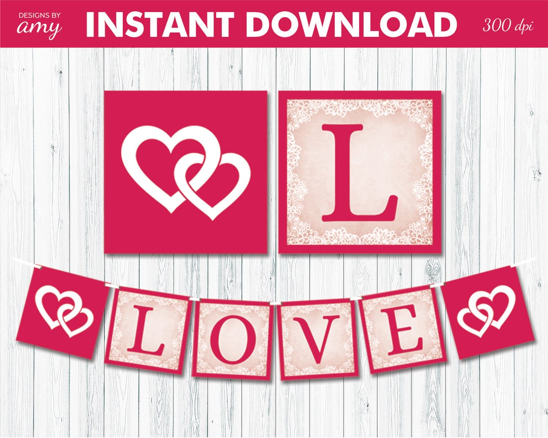 PRINTABLE Love Valentines Day Banner With Dark Hot Pink Letters and ...
