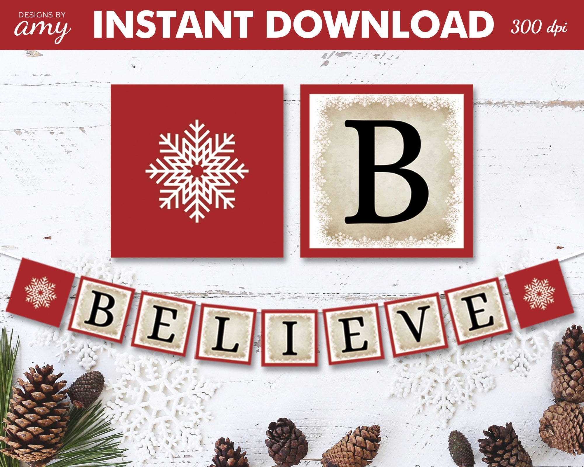 Printable Believe Christmas Banner Red & Beige Christmas | Etsy
