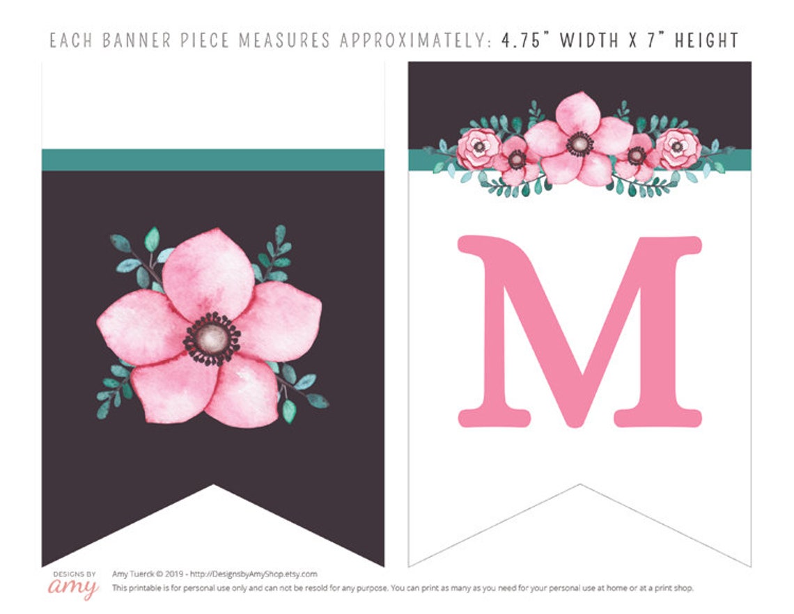 Printable Happy Mothers Day Banner With Pink Flowers Teal & - Etsy
