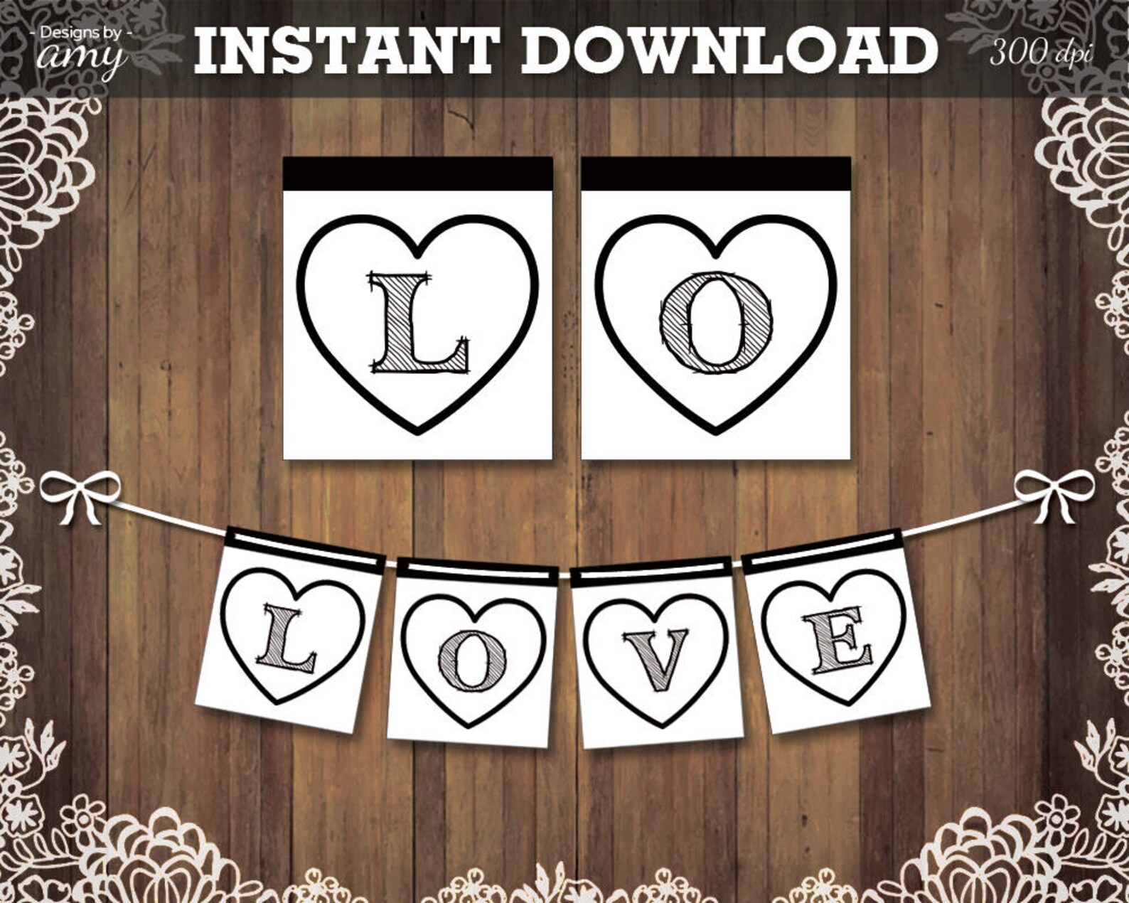 PRINTABLE Love Banner With Black Hearts & Black Letters - Etsy