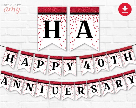Printable Happy 40th Anniversary Ruby & Black Banner Instant | Etsy