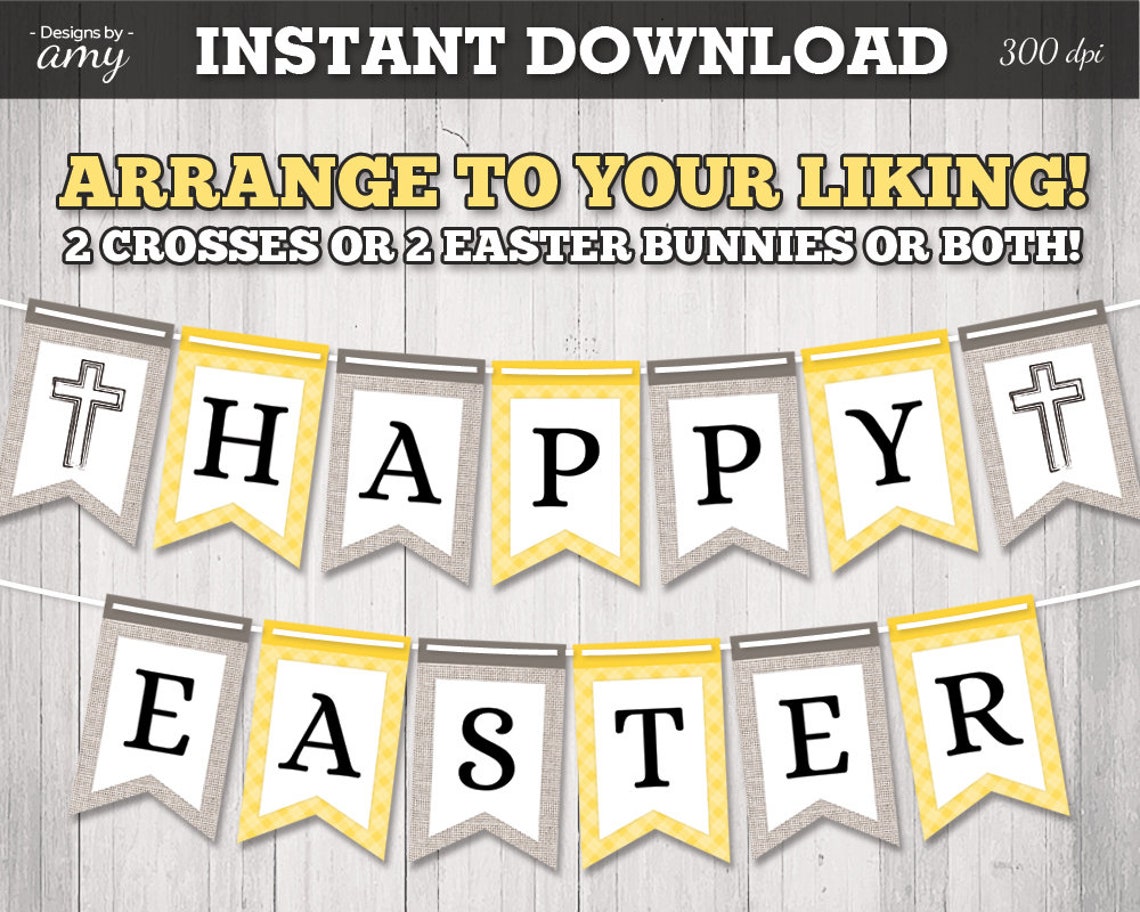 Happy Easter Printable Banner for Religious Easter Dinner Party, Yellow ...