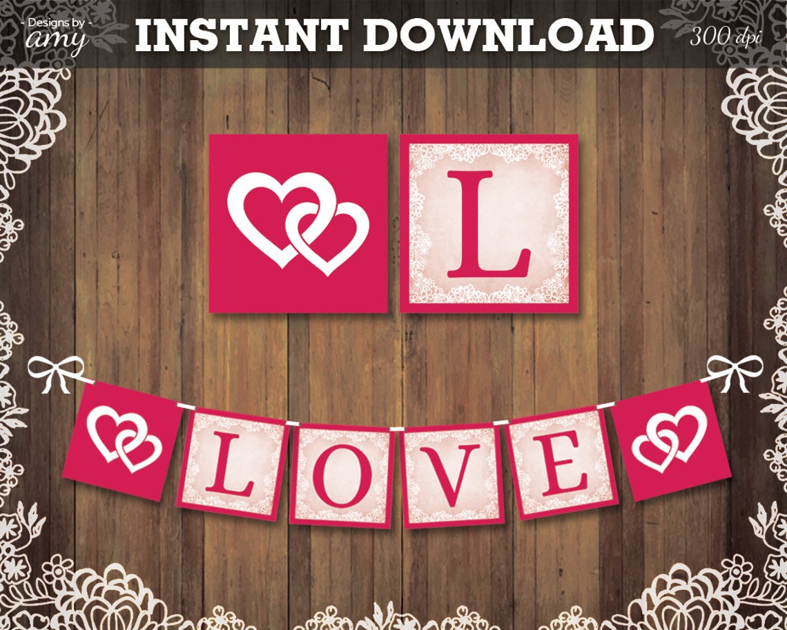 PRINTABLE Love Valentines Day Banner With Dark Hot Pink - Etsy