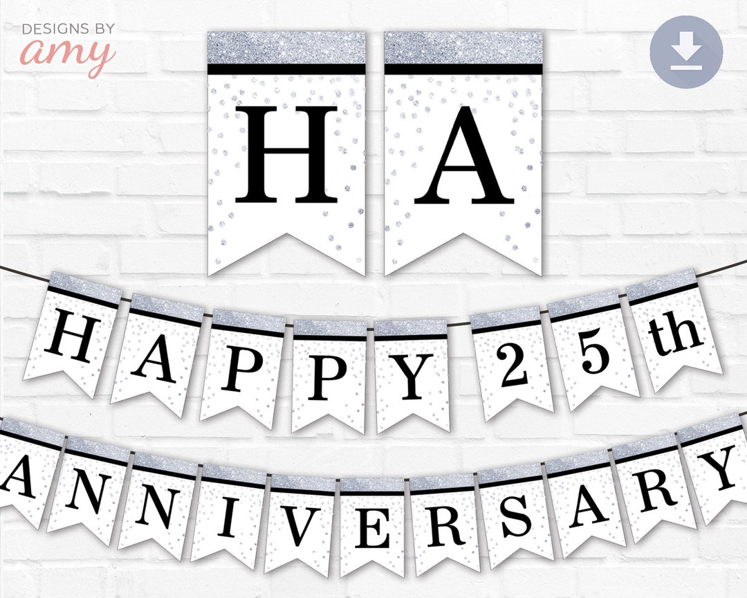 Printable Happy 25th Anniversary Silver & Black Banner, Instant ...