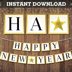 PRINTABLE Happy New Year Gold & Black Banner With Star Confetti, New ...