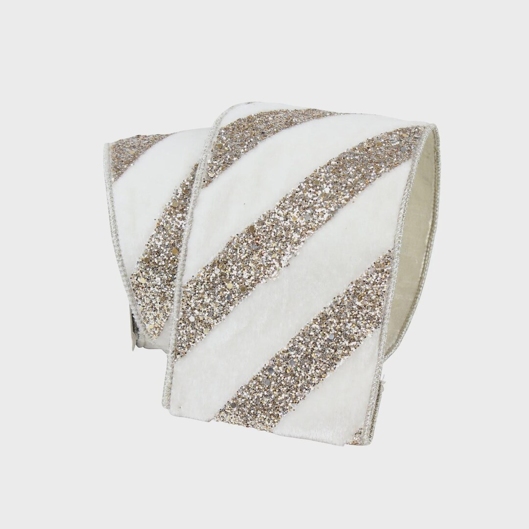 4inch White Velvet Ribbon Gold Glitter Stripes ~ Wired ~ 5 Yards - Etsy