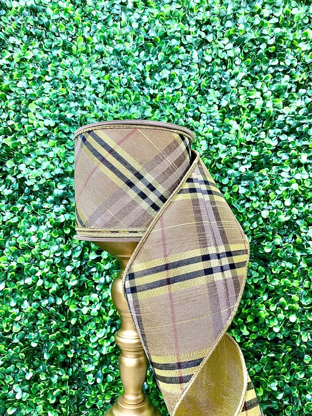 4 Inch Gold and Black Diagonal Plaid With Gold Back ~ 10 Yards - Etsy