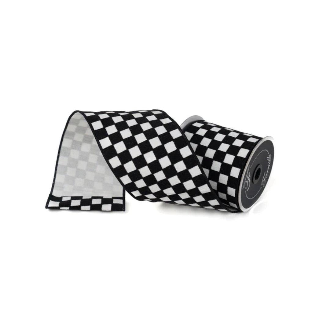 4 Inch Black and White Flocked Retro Checks Ribbon Farrisilk 10 Yards ...